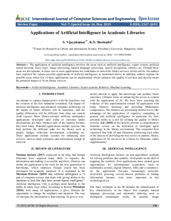 (PDF) Applications of Artificial Intelligence in Academic Libraries