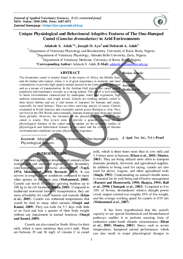 (PDF) Unique Physiological and Behavioural Adaptive Features of The One ...