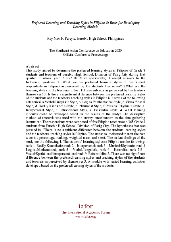 (PDF) Preferred Learning and Teaching Styles in Filipino-8 : Basis for ...