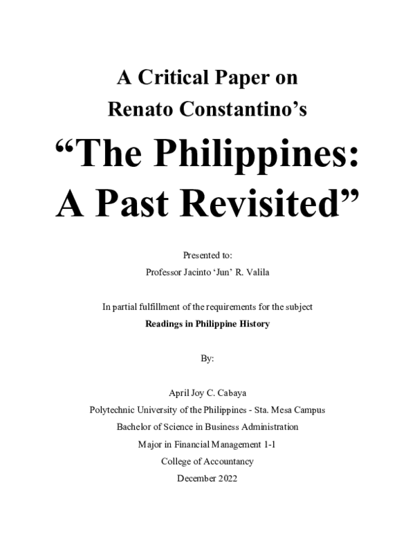 (PDF) A Critical Paper on Renato Constantino's "The Philippines: A Past Revisited" by April Joy ...