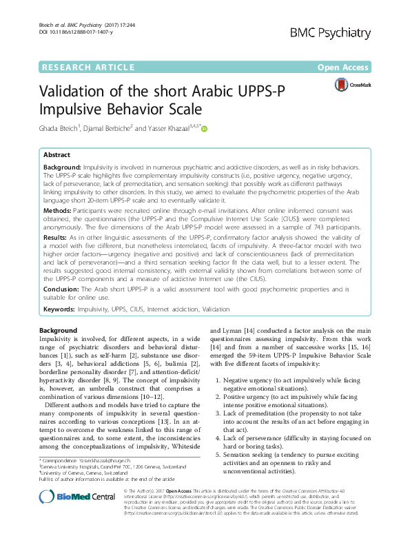(PDF) Validation of the short Arabic UPPS-P Impulsive Behavior Scale