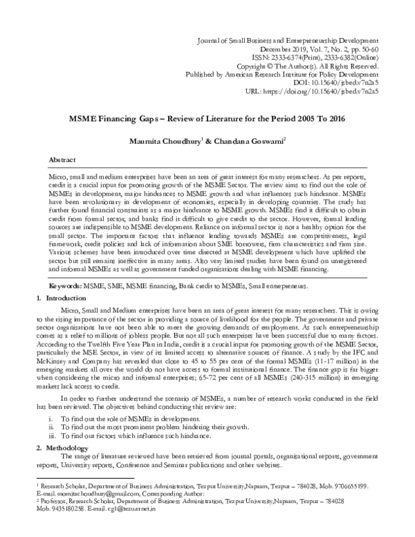 (PDF) MSME Financing Gaps – Review of Literature for the Period 2005 To ...