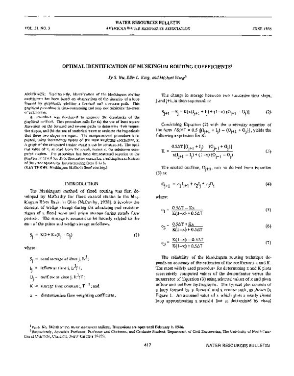 Pdf Optimal Identification Of Muskingum Routing Coefficients Jay Wu 