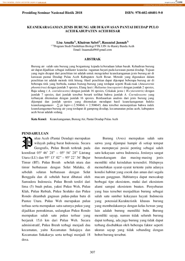 (PDF) Keanekaragaman Jenis Burung Air DI Kawasan Pantai Deudap Pulo Aceh Kabupaten Aceh Besar ...