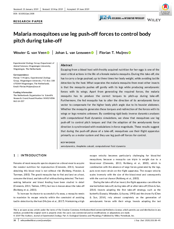 (PDF) Malaria mosquitoes use leg push‐off forces to control body pitch ...