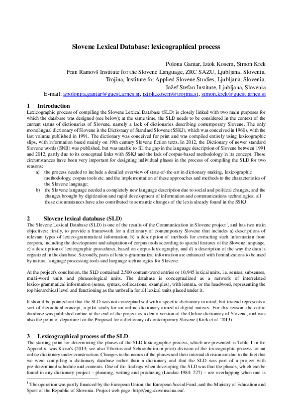 (PDF) Slovene Lexical Database: lexicographical process