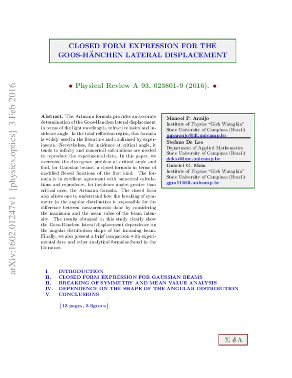 (PDF) Closed-form expression for the Goos-Hänchen lateral displacement