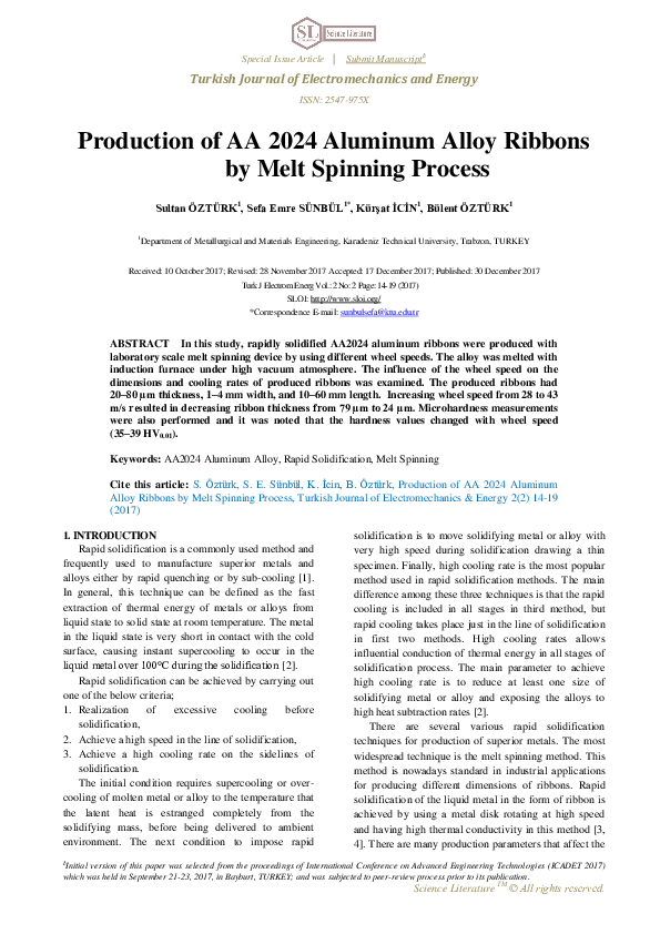 (PDF) Production of AA 2024 Aluminum Alloy Ribbons By Melt Spinning Process