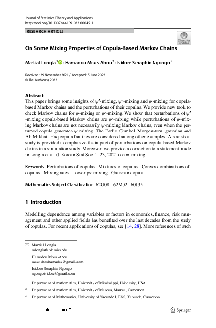 (PDF) On Some Mixing Properties of Copula-Based Markov Chains | Martial Longla and Isidore ...