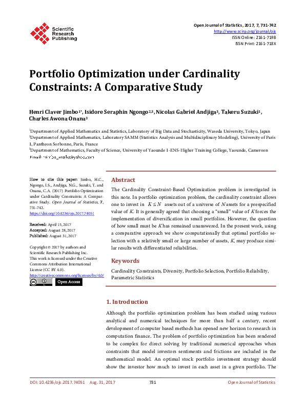 (PDF) Portfolio Optimization under Cardinality Constraints: A Comparative Study