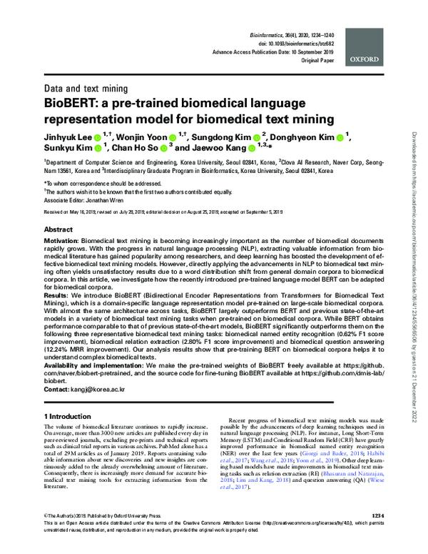 (PDF) BioBERT: a pre-trained biomedical language representation model for biomedical text mining