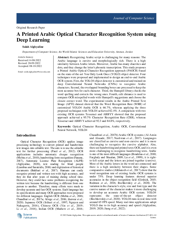 (PDF) A Printed Arabic Optical Character Recognition System using Deep Learning