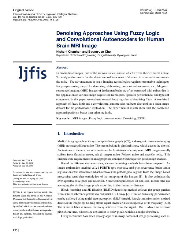 Pdf Denoising Approaches Using Fuzzy Logic And Convolutional Autoencoders For Human Brain Mri 