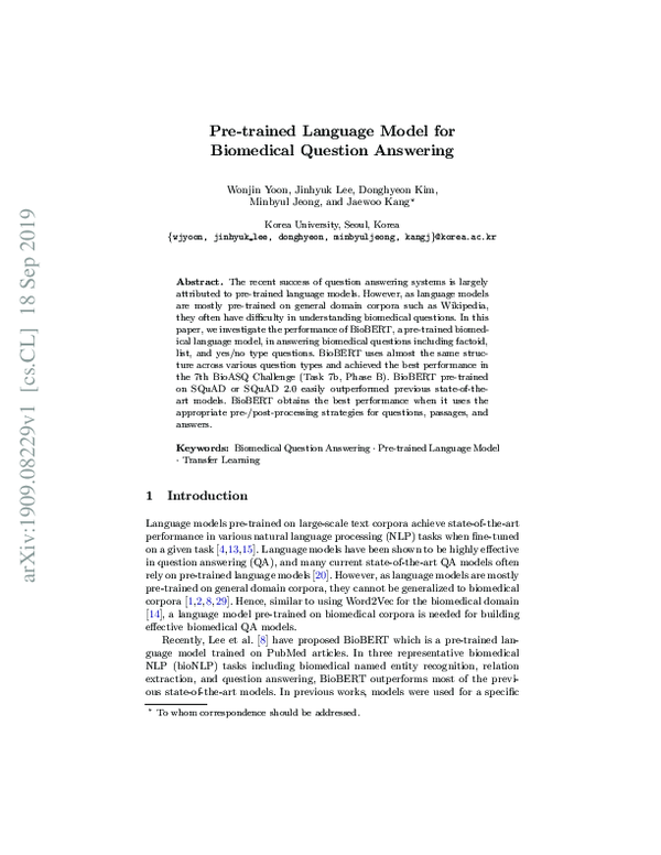 (PDF) Pre-trained Language Model for Biomedical Question Answering