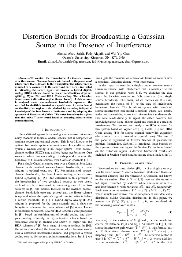 (PDF) Distortion bounds for broadcasting a Gaussian source in the presence of interference