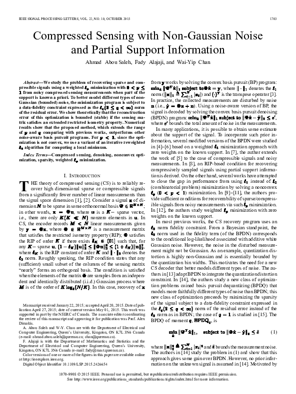 Pdf Compressed Sensing With Non Gaussian Noise And Partial Support