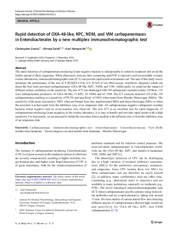 (PDF) Rapid detection of OXA-48-like, KPC, NDM, and VIM carbapenemases ...