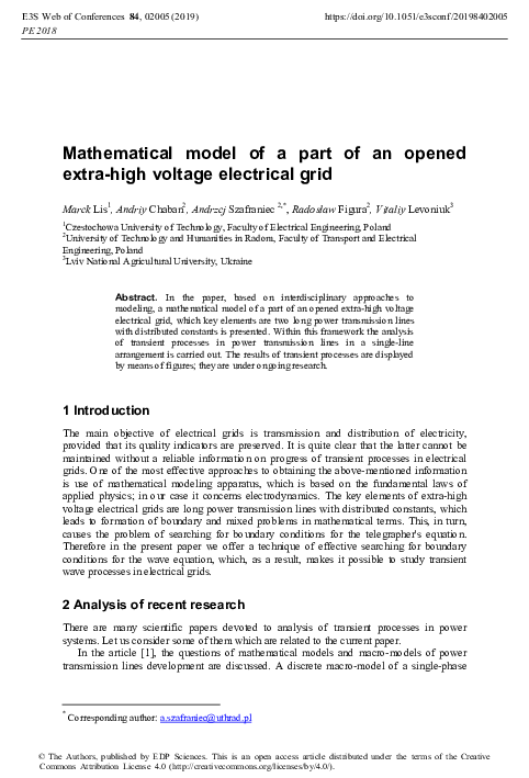 (PDF) Mathematical model of a part of an opened extra-high voltage electrical grid | Andrzej ...