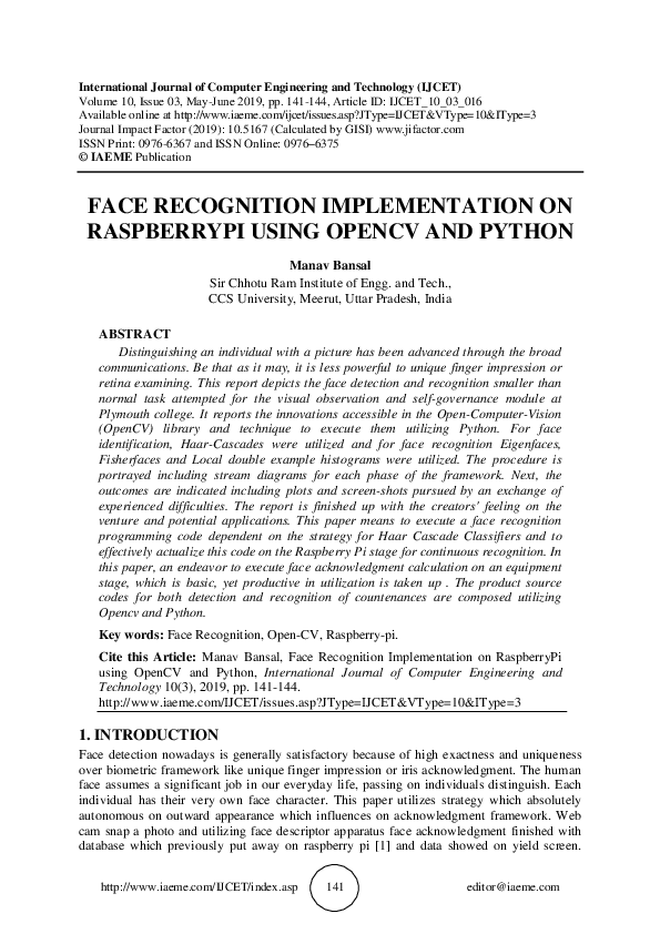 Pdf Face Recognition Implementation On Raspberrypi Using Opencv And