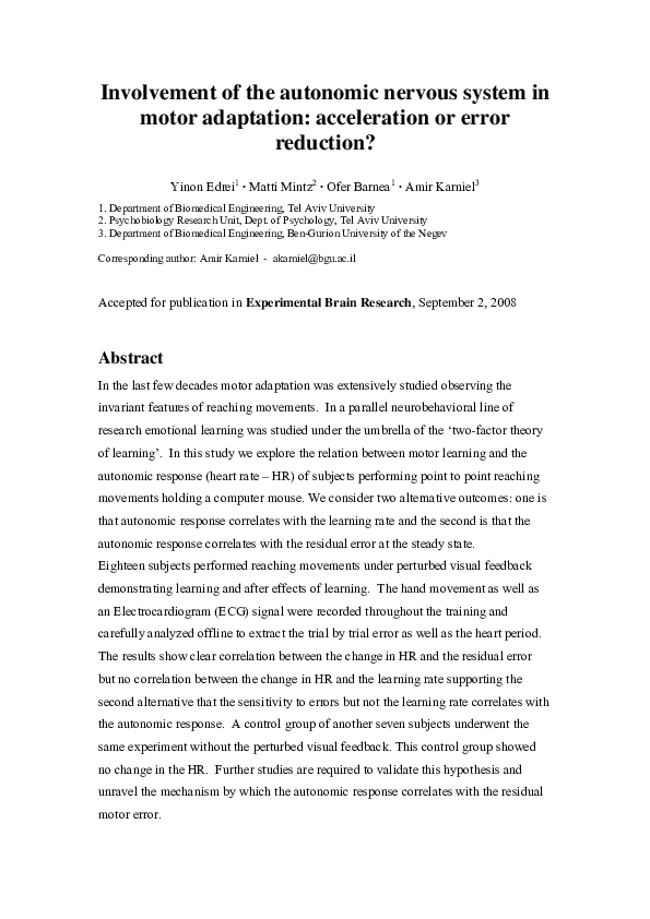 Pdf Involvement Of The Autonomic Nervous System In Motor Adaptation Acceleration Or Error