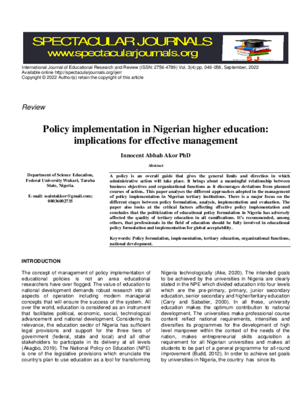 (PDF) Policy implementation in Nigerian higher education: implications for effective management