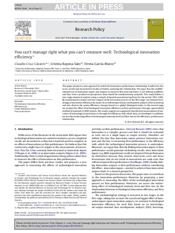 (PDF) You can’t manage right what you can’t measure well: Technological innovation efficiency