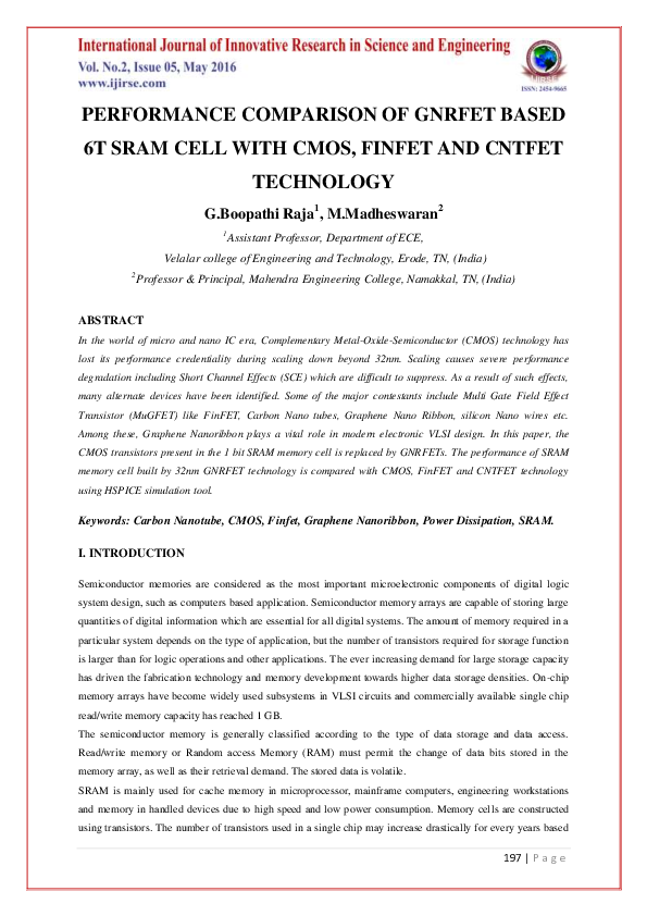 Pdf Performance Comparison Of Gnrfet Based 6t Sram Cell With Cmos Finfet And Cntfet Technology