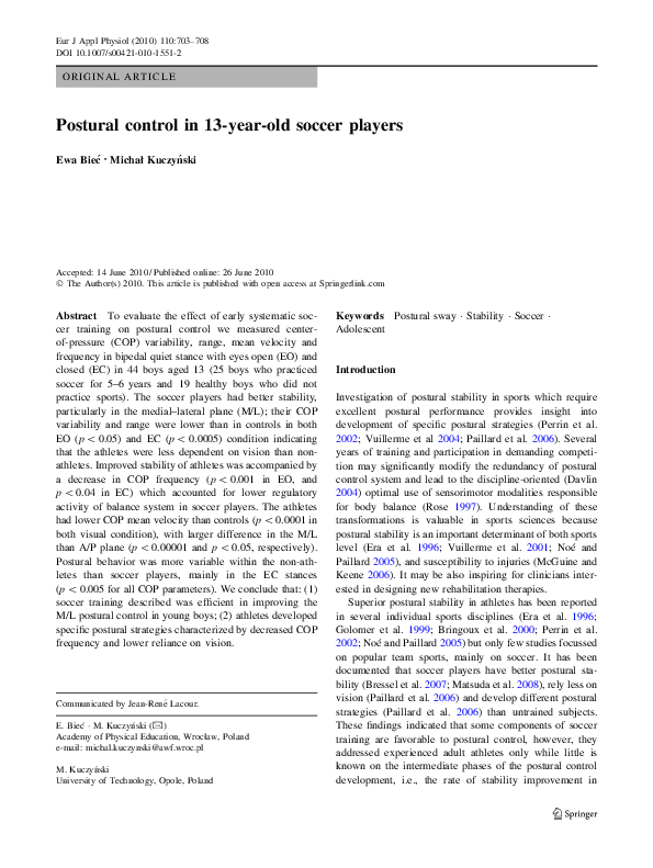 (PDF) Postural control in 13-year-old soccer players