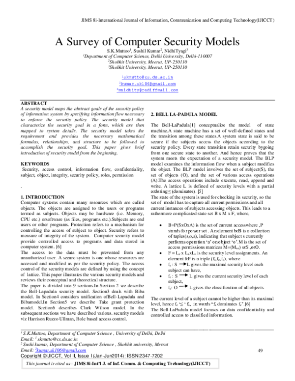 (PDF) A Survey of Computer Security Models