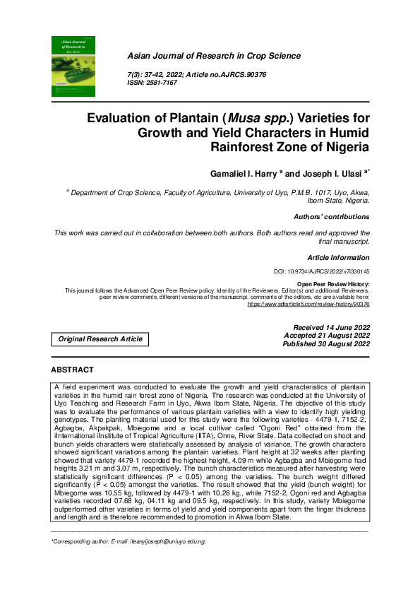 (PDF) Evaluation of Plantain (Musa spp.) Varieties for Growth and Yield ...