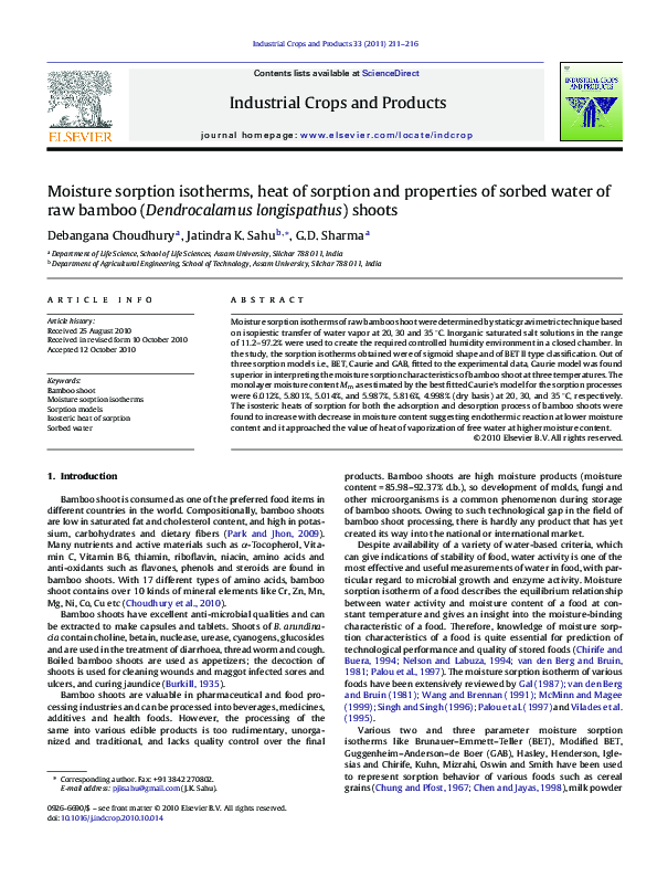 (PDF) Moisture sorption isotherms, heat of sorption and properties of ...