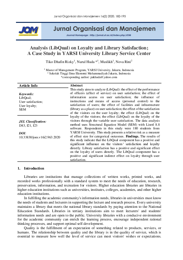 (PDF) Analysis (LibQual) on Loyalty and Library Satisfaction; A Case Study in YARSI University ...
