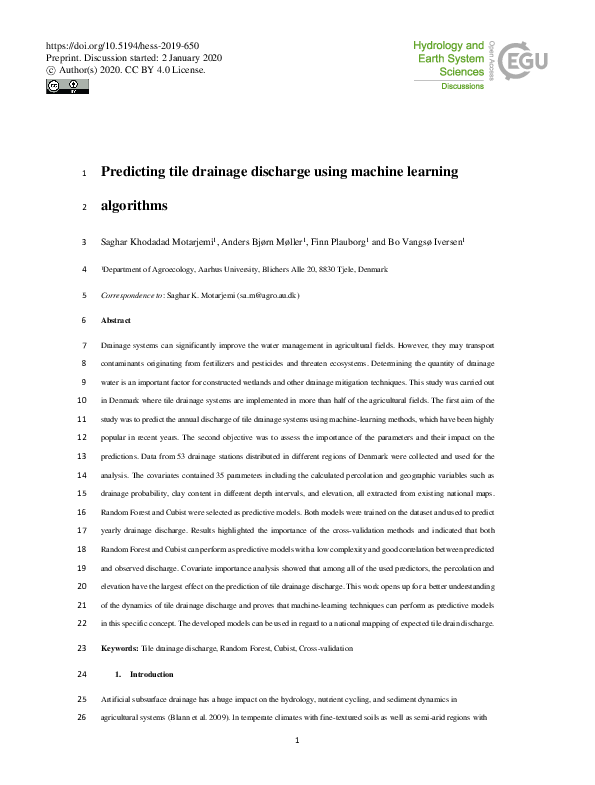 (PDF) Predicting tile drainage discharge using machine learning algorithms