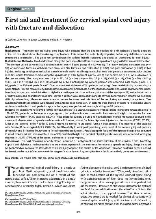 (PDF) First aid and treatment for cervical spinal cord injury with ...