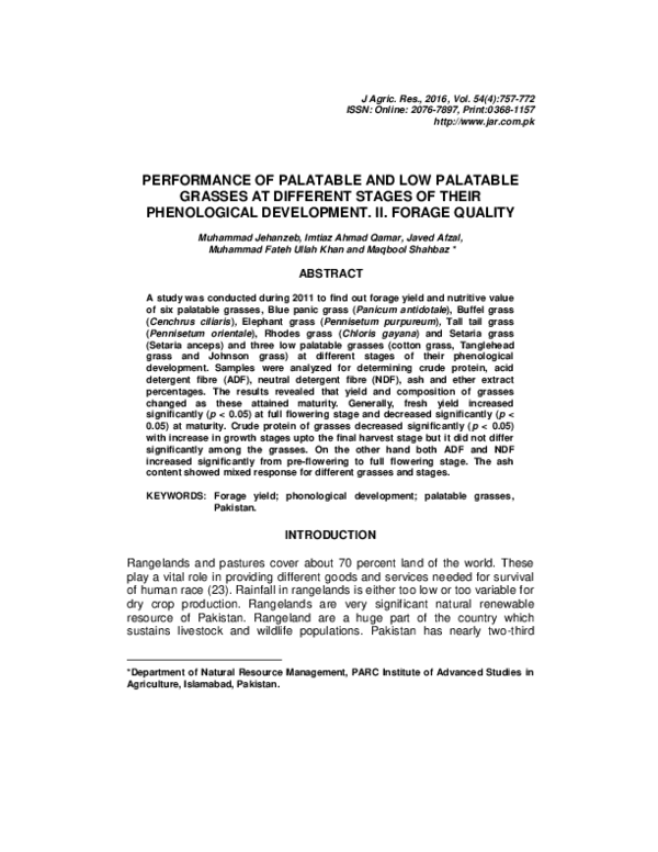 (PDF) Performance of Palatable and Low Palatable Grasses at Different ...