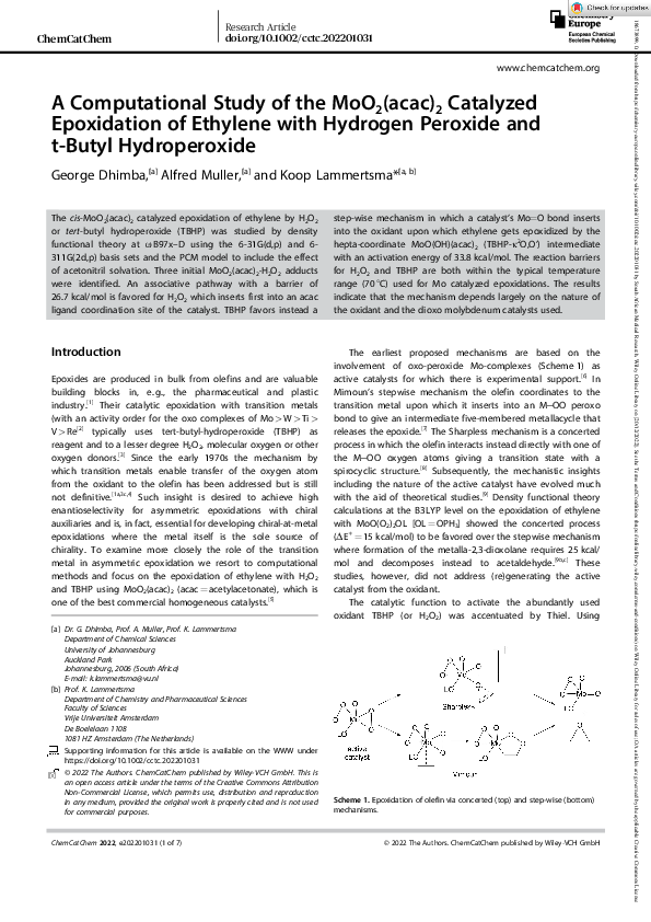 (PDF) A Computational Study of the MoO2(acac)2 Catalyzed Epoxidation of ...