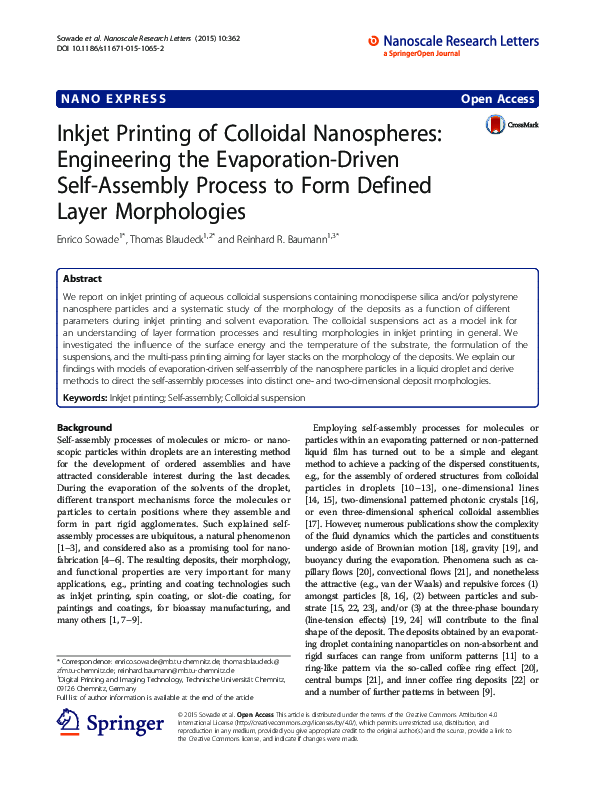 (PDF) Inkjet Printing of Colloidal Nanospheres: Engineering the Evaporation-Driven Self-Assembly ...