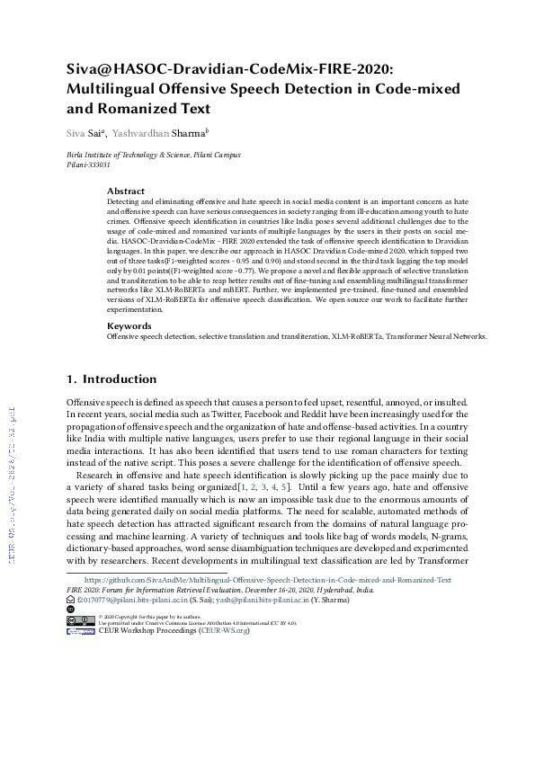 (PDF) Siva@HASOC-Dravidian-CodeMix-FIRE-2020: Multilingual Offensive Speech Detection in Code ...