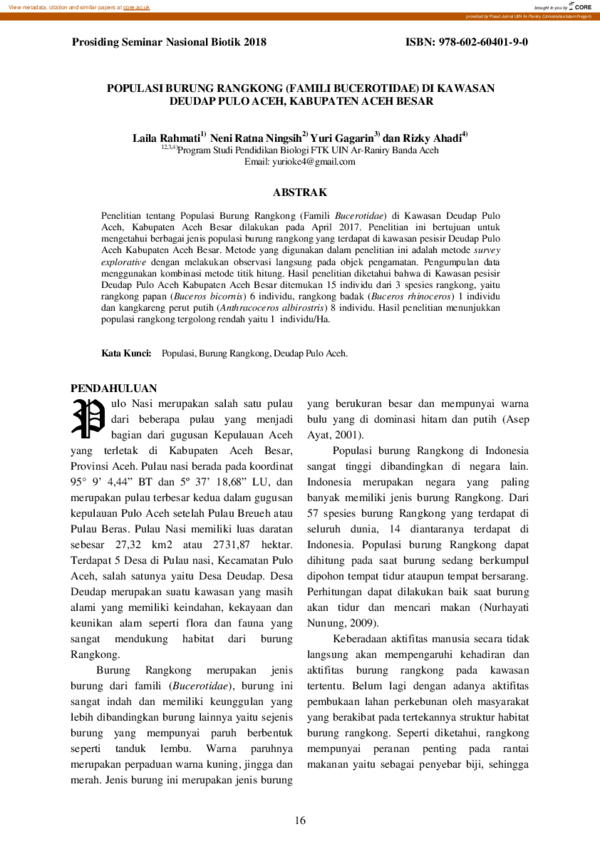 (PDF) Populasi Burung Rangkong (Famili Bucerotidae) DI Kawasan Deudap Pulo Aceh, Kabupaten Aceh ...