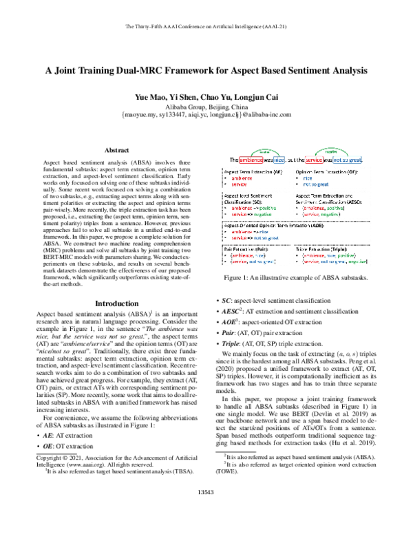 (PDF) A Joint Training Dual-MRC Framework for Aspect Based Sentiment Analysis