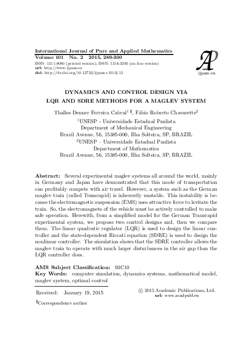 Pdf Maglev System Modeling And Lqr Controller Design In Real Time
