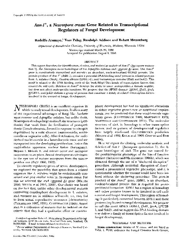 (PDF) Asm-1 +, a Neurospora crassa Gene Related to Transcriptional Regulators of Fungal Development