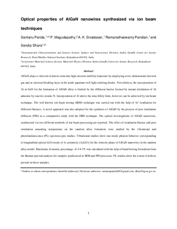 (PDF) Optical properties of AlGaN nanowires synthesized via ion beam techniques