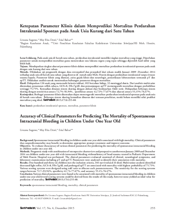 (PDF) Ketepatan Parameter Klinis dalam Memprediksi Mortalitas Perdarahan Intrakranial Spontan ...