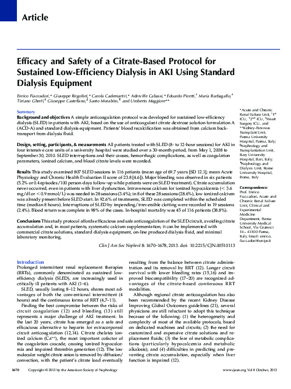 (PDF) Efficacy and Safety of a Citrate-Based Protocol for Sustained Low ...