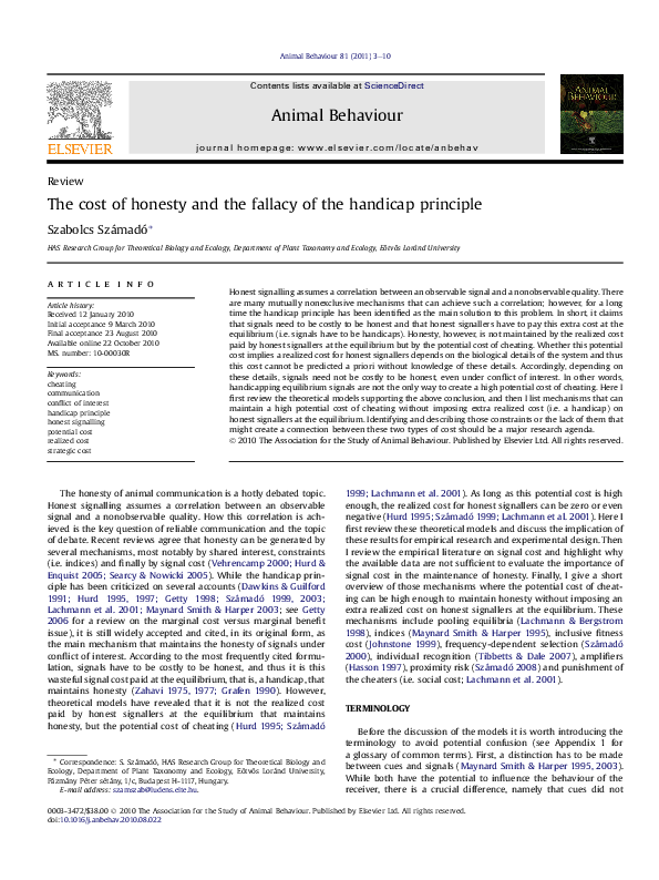 (PDF) The cost of honesty and the fallacy of the handicap principle