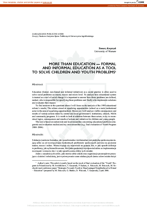 (PDF) More Than Education – Formal and Informal Education as a Tool to ...