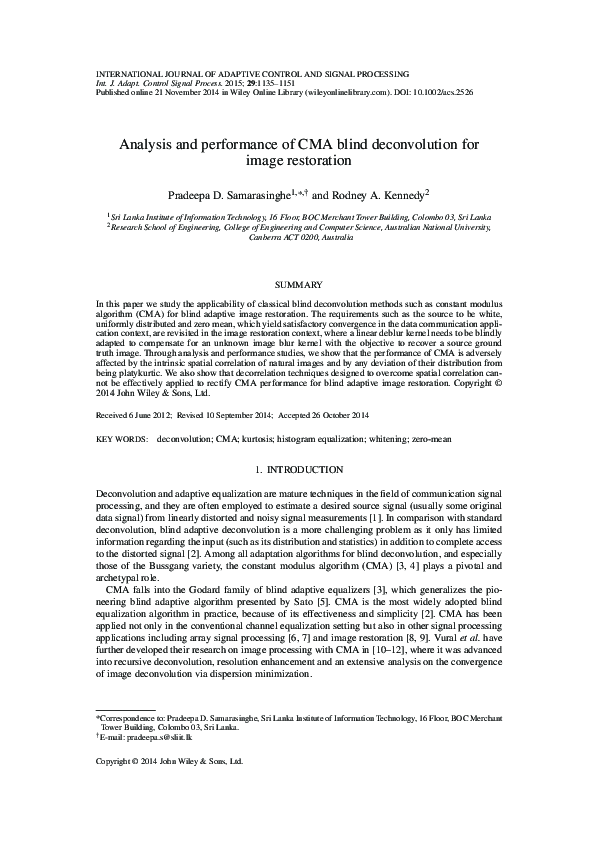 (PDF) Analysis and performance of CMA blind deconvolution for image restoration