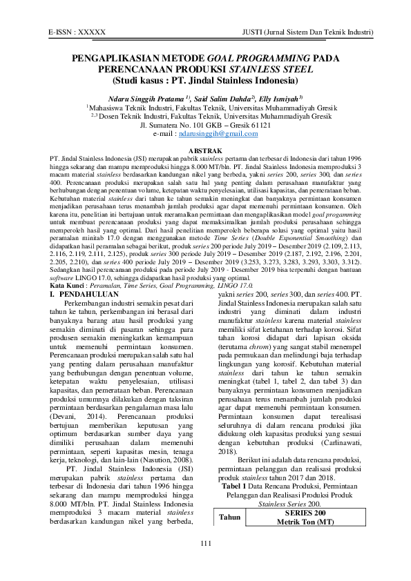 (PDF) PENGAPLIKASIAN METODE GOAL PROGRAMMING PADA PERENCANAAN PRODUKSI ...