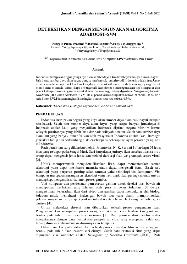Pdf Deteksi Ikan Dengan Menggunakan Algoritma Adaboost Svm